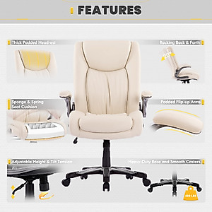 COLAMY Big and Tall Office Chair 400lbs, Large Heavy Duty High Back Executive Computer Office Desk Chair Flip-up Arms Wide Thick Seat for Home Office, Ivory