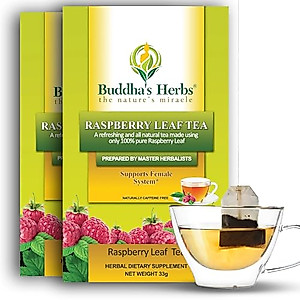 Buddha's Herbs Raspberry Leaf Tea, No Caffeine Tea, Pack of 2, 44 Tea Bags