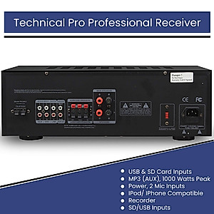 Technical Pro 1000 Watts Professional Home Theater Receiver System Kit w Portable Microphone with Digital Processing and Remote 6 Qty of 5.25” Ceiling Wall Mount Framed Speakers