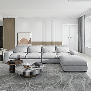 JACH 150in Couch, Feather Filled Wide Reversible Sofa Chaise, L Shaped Sofa Couch Set with Ottoman Modular Sectional Sofa for Living Room, Apartment, Home, Hotel (Light Grey)