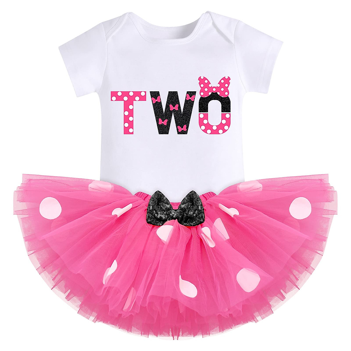 Mouse 2nd Birthday Outfits Baby Girls Short Sleeve Romper Polka Dots Mini Tutu Skirt Headband 2 Years Old Cake Smash Photo Props I’m Two 1st First Second Birthday Party Supply Clothing Set Hot Pink 2T
