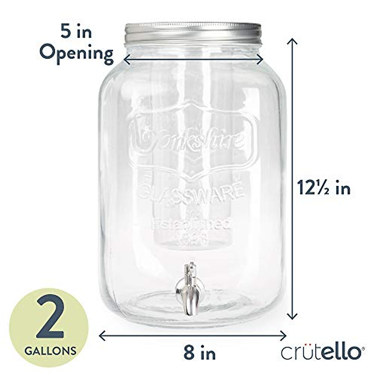 Crutello 2 Pack Glass Beverage Dispenser with Stainless Steel Spigots, 2 Gallon Drink Dispenser Metal Black Stand, Lemonade, Tea, Water, Mason Jar Style | A Family-Owned American Brand
