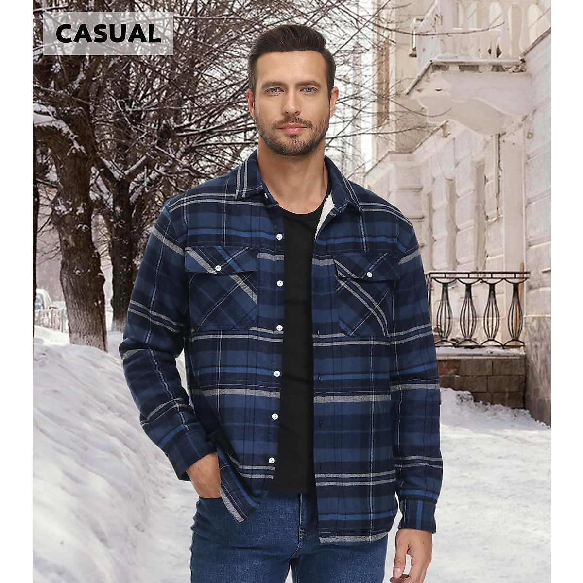 EKLENTSON Jacket for Men Fleece Flannel Plaid Jacket Casual Stylish Travel Coat Thermal Jacket Sherpa Coat Blue Grey 2XL