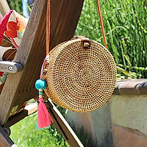 Handwoven Round Rattan Bag, Leather Shoulder Strap, Two Pocket Boho Bali Wicker Crossbody Handbag
