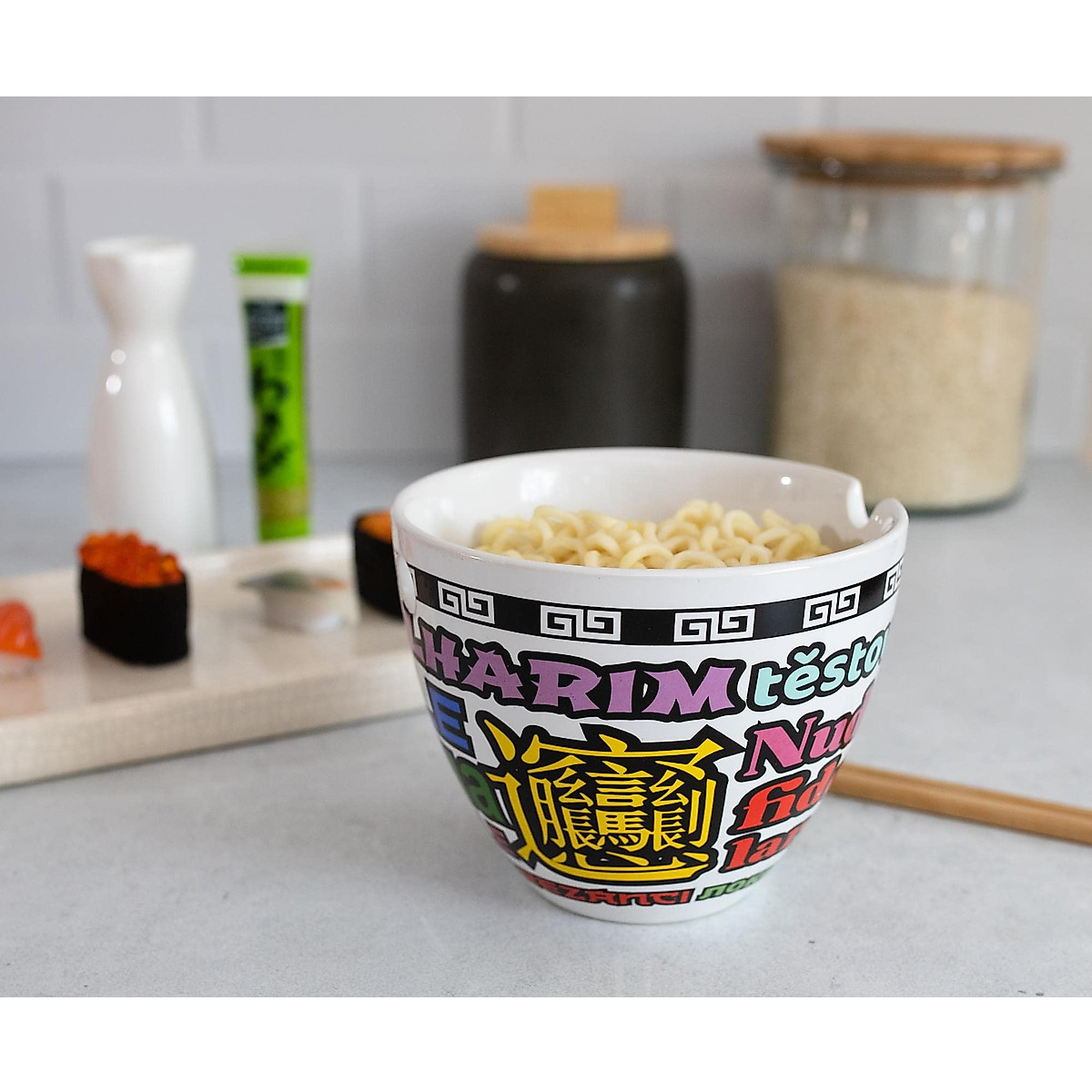 Bowl Bop Noodle Collage Japanese Ceramic Dinnerware Set | Includes 16-Ounce Ramen Noodle Bowl and Wooden Chopsticks | Asian Food Dish Set For Home & Kitchen | Kawaii Anime Gifts and Collectibles