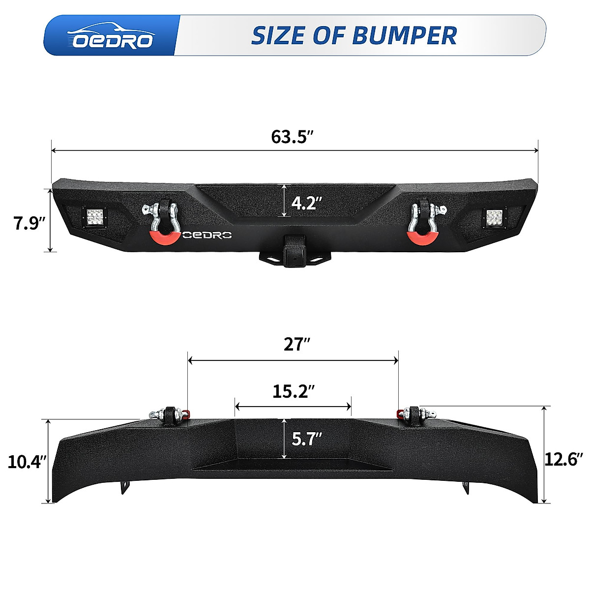 OEDRO Rear Bumper Compatible for 2007-2018 Jeep Wrangler JK Unlimited, Rock Crawler Bumper with Hitch Receiver & 2X LED Lights Off Road Textured Black