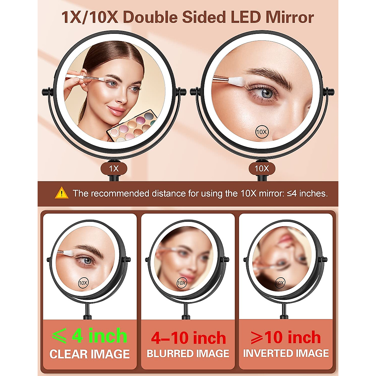 Benbilry Lighted Makeup Mirror with 10X Magnification & 3 Color Lights, Adjustable Brightness & Height, 7 Inch 360° Swivel Rechargeable LED Magnifying Make Up Mirror with Lighting (Black)