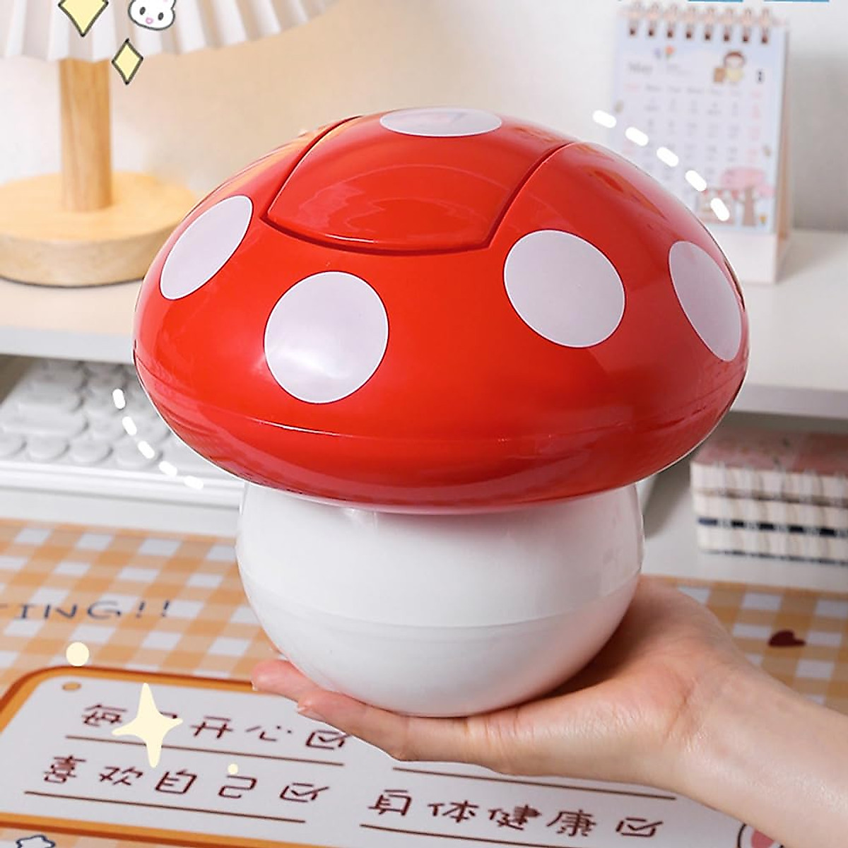 MAGICLULU Mushroom Mini Trash Can with Lid, Tiny Desktop Garbage Bin Plastic Mini Wastebasket Trash Can Cute Wastepaper Basket for Bathroom Vanity Tabletop Mushroom Decor