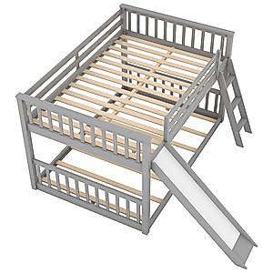 Harper & Bright Designs Full over Full Bunk Bed with Slide and Ladder, Wooden Low Bunk Bed, Kids Floor Bunk Bed Frame - Gray
