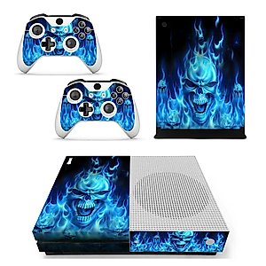 FOTTCZ Vinyl Skin for Xbox One Slim Console & Controllers Only, Sticker Decorate and Protect Equipment Surface, Blue Flame Evil Spirit