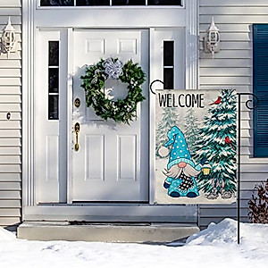 Yicostar Winter Garden Flag Welcome Winter Flag Gnomes Snowy Forest Red Cardinal Birds Double Sided 12x18 Inch Christmas Holiday Yard Flag Outdoor Decorations