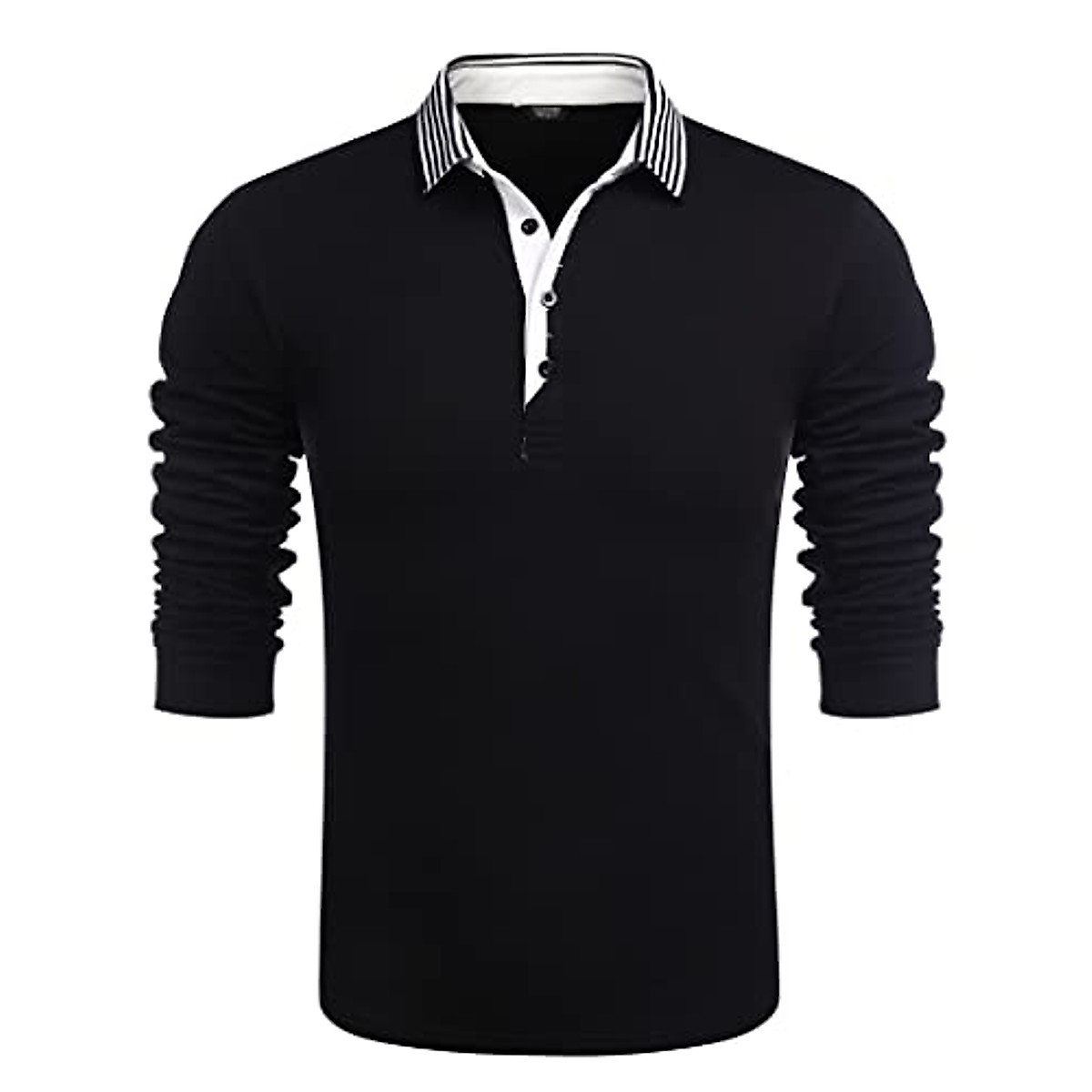 COOFANDY Men's Long Sleeve Polo Shirt Striped Collar Casual Slim Fit Cotton Polo T Shirts