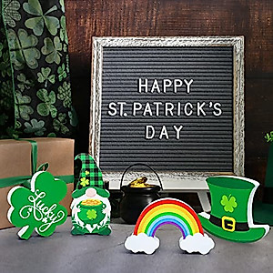 Whaline 4Pcs St. Patrick's Day Wooden Sign Shamrock Hat Gnome Rainbow Table Ornament Lucky Clover Shape Table Centerpieces Irish Holiday Classic Table Centerpiece for Home Fireplace Tiered Tray Decor