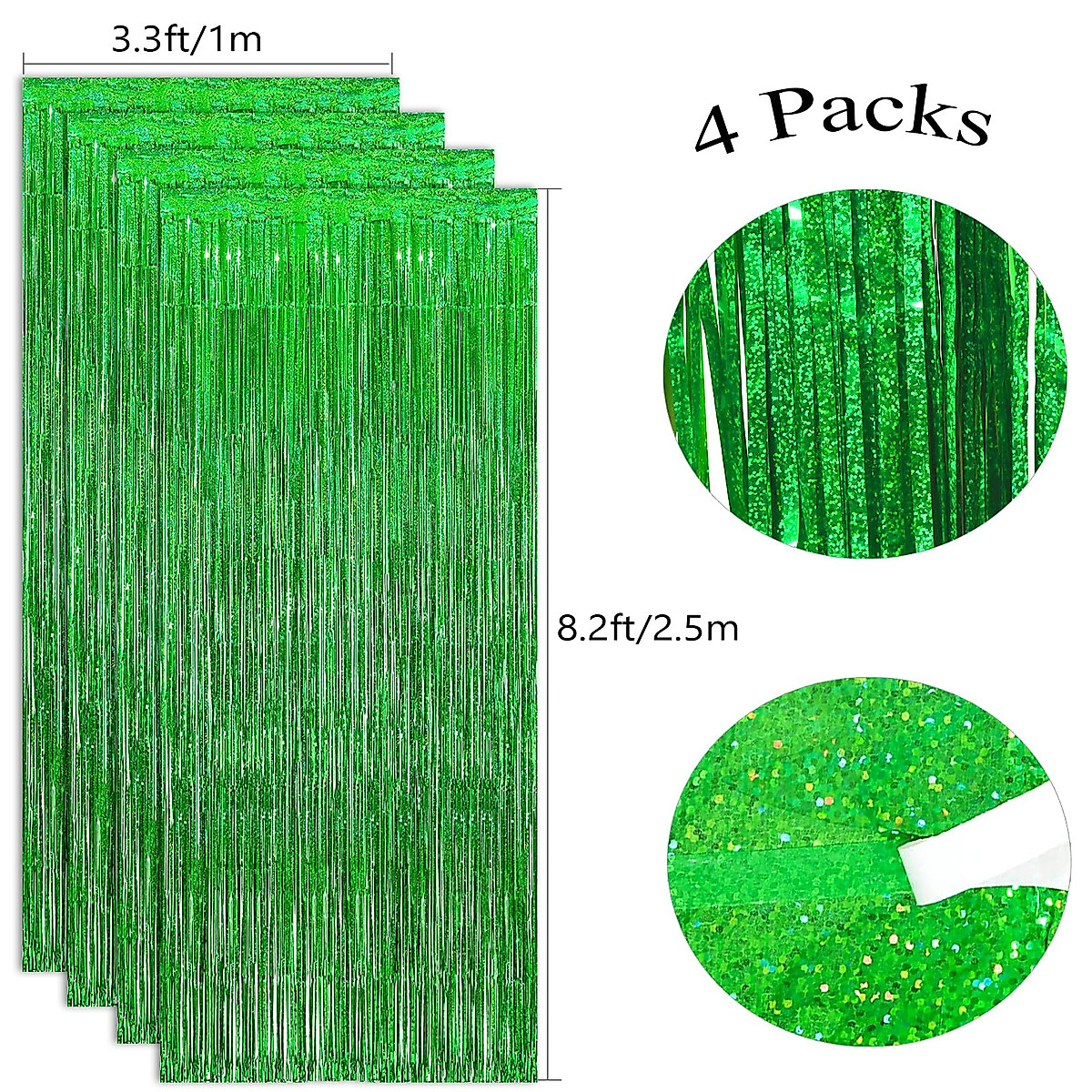 Slmeno 4 Pack Green Foil Fringe Curtain Glitter Backdrop, 12.8x8.2 Feet, Tinsel Curtain Backdrop for Party Decorations, Green Streamer Backdrop Curtain, Christma Hawaiian Birthday Football Backdrop