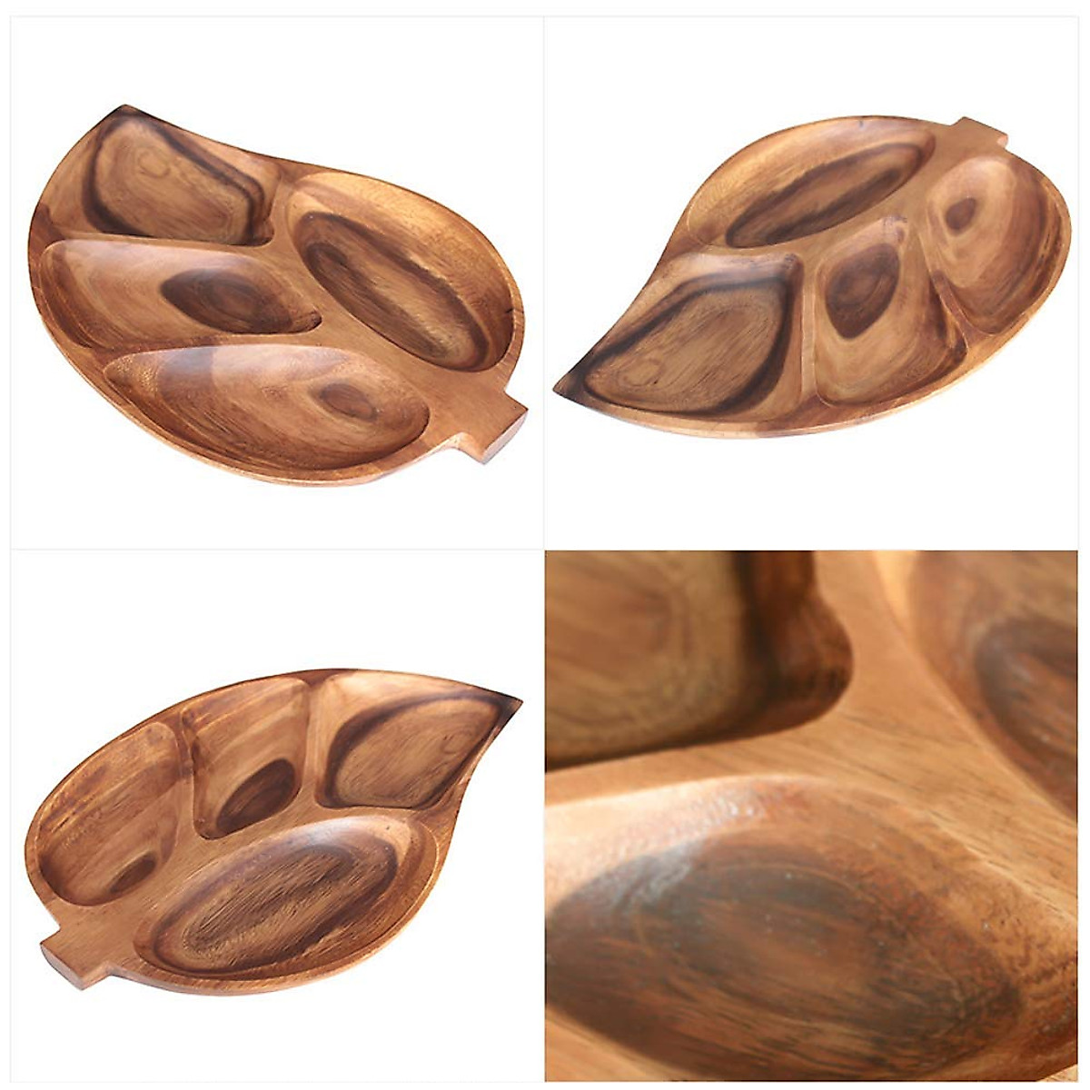 Acacia Premium Leaf Shaped Wooden 4-Compartment Divided Wood Accent-Plates Divided Dessert Dish Serving Trays Platters 4 Section