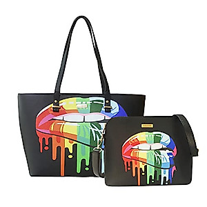 Satchel Bags for Women Fashion Handbag Leather Shoulder Bag Large Capacity Black Work Bag 2 PCS Set (Mouth)