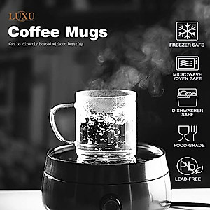 LUXU Glass Coffee Mugs Set of 4,Large Wide Mouth Mocha Hot Beverage Mugs (14oz),Clear Espresso Cups with Handle,Lead-Free Drinking Glassware,Perfect for Latte,Cappuccino,Hot Chocolate,Tea and Juice