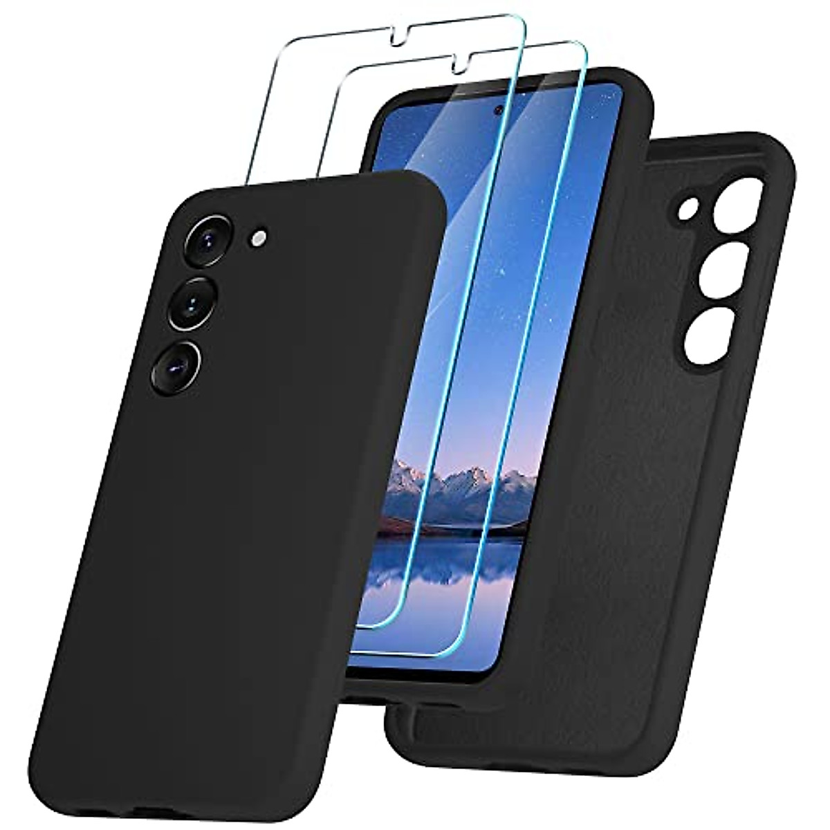 YENAPOON for Samsung Galaxy S23 Case and 2 Pack Tempered Glass Screen Protector, Slim Liquid Silicone Shockproof Protective Case - Black