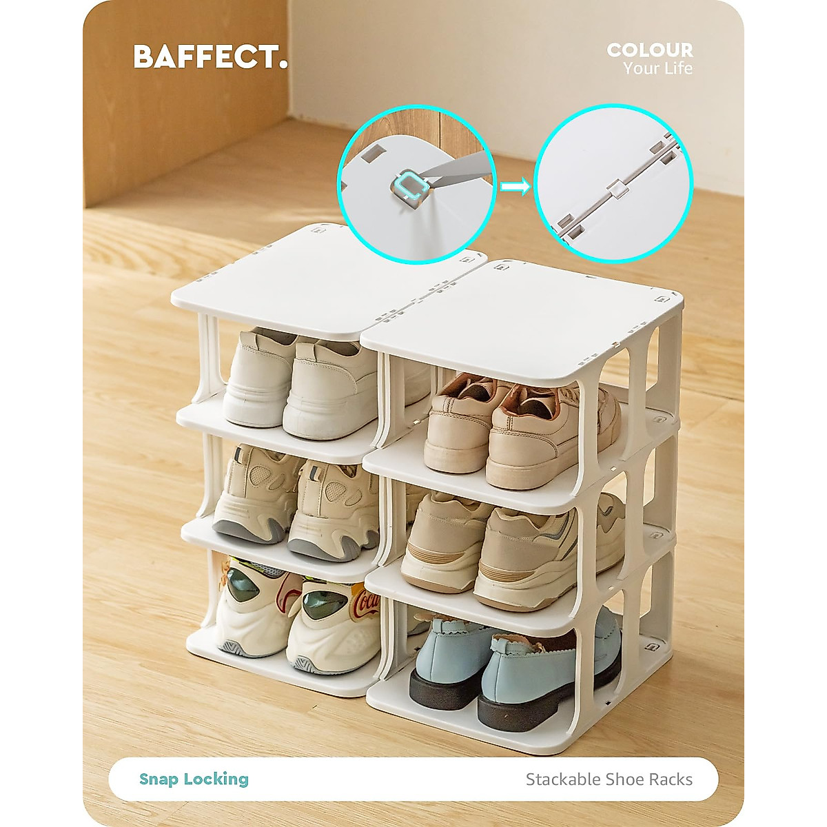 Baffect 8 Tier Shoe Rack, Free Standing Shoe Storage Organizer for Closet, Plastic Stackable Shoe Storage Tower, Vertical Shoe Holder for Entryway Space Saving Narrow Shoe Cabinet (White)