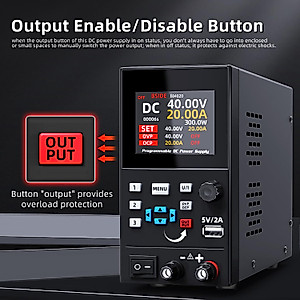 BSIDE 40V 20A DC Power Supply Variable, Programmable with Encoder Knob, Adjustable Switching Regulated Bench Power Supply, 4-Digits LED Display with Memory Storage, 5V/2A USB Ports and Output Button