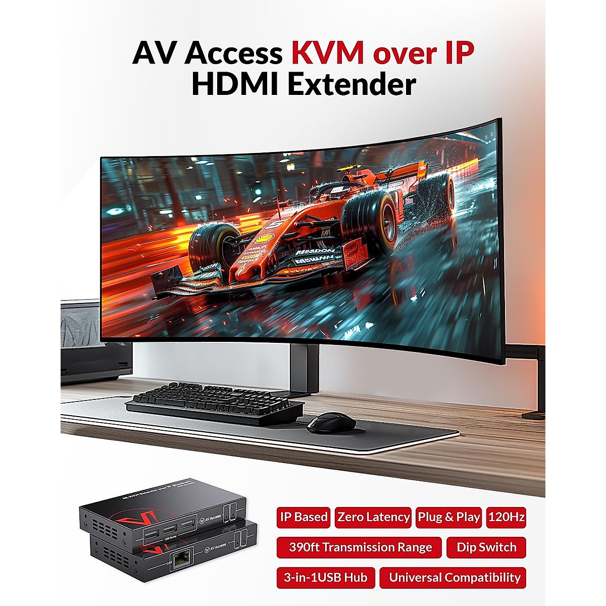 4K HDMI USB KVM Extender TCP/IP Over Single Cat5e/6/6a/7 up to 120M(390ft), 1080P@120Hz, Plug & Play, Keyboard & Mouse Over Network, Zero Latency, 3 Ports USB Hub, DIP up to 16 Sets (4KIP100-KVM)