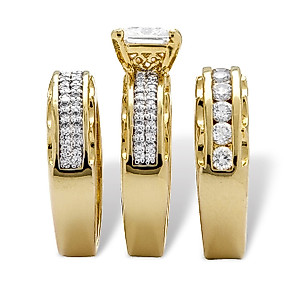 PalmBeach Yellow Gold-Plated or Silvertone Princess Cut and Round Cubic Zirconia 3 Piece Bridal Ring Set Size 7