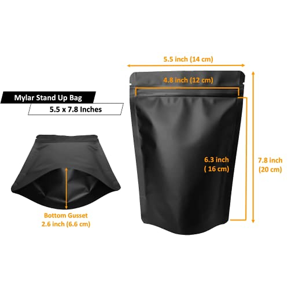 100 Pack Matte Black Mylar Stand Up Bags - 5.5x7.8 Inches Smell Proof Resealable Bags, Sealable Foil Packaging Bags