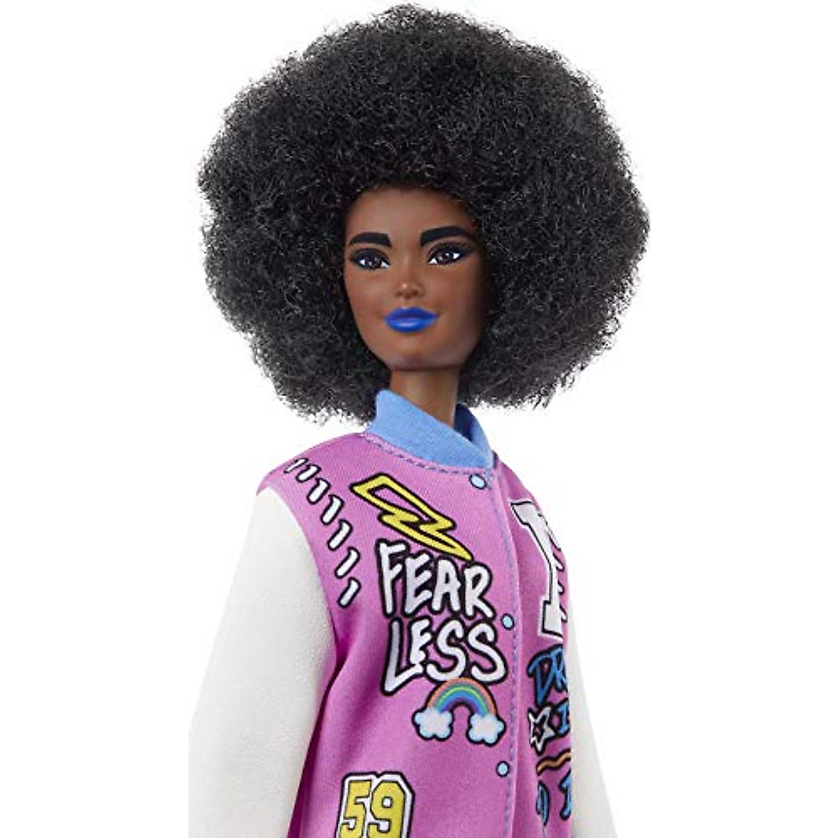 Barbie Fashionistas Doll #156 with Brunette Afro & Blue Lips Wearing Graphic Coat Dress & Yellow Shoes, Toy for Kids 3 to 8 Years Old