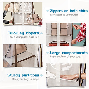 Clear Hanging Handbag Storage Organizer with Zippers, KMOTASUO Easy Access Purse Storage Holder Over the Door Purse Organizer Space Saving 4 Pockets for Closet Bedroom Living Room (XL-Grey)