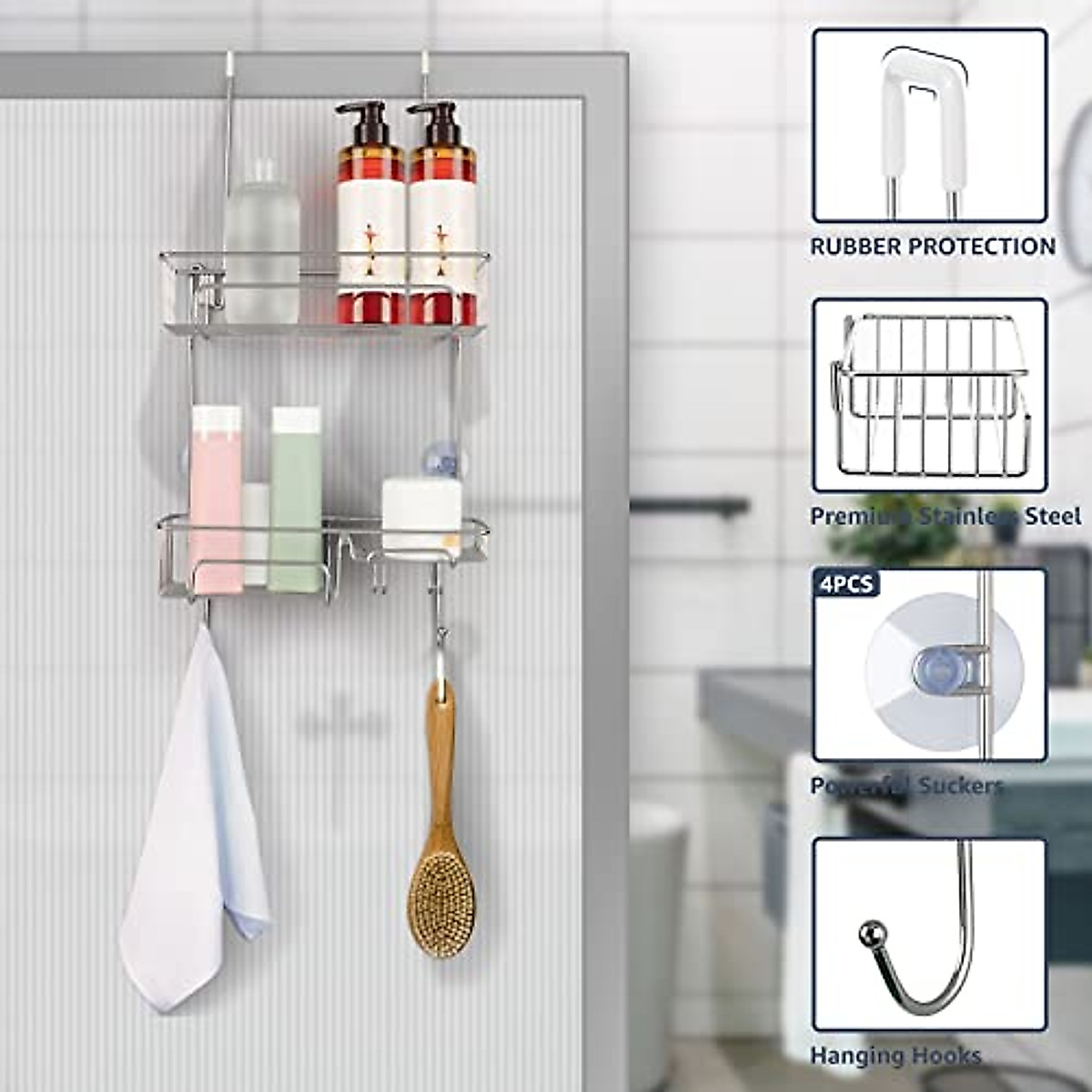 COSYLAND Shower Caddy Hanging Over The Door, Rustproof SUS304 Stainless Steel Bathroom Organizer Basket Shelf Storage Rack Shampoo Soap Dishes Holder Hooks, for Dorm, Toilet, Bath and Kitchen, Silver