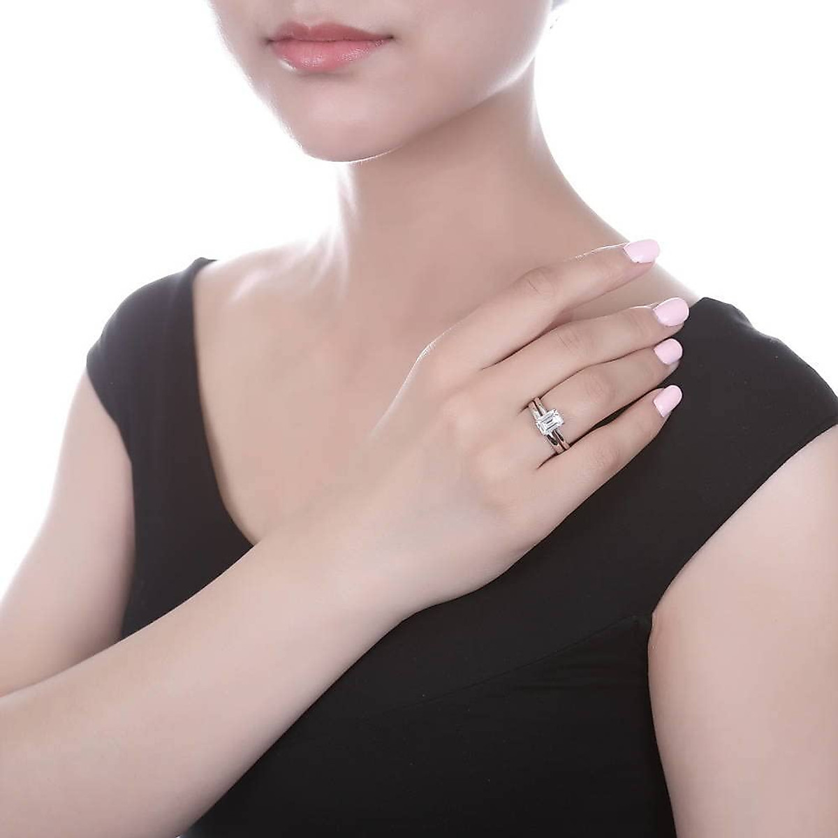 BERRICLE Sterling Silver Solitaire Wedding Engagement Rings 2.1 Carat Emerald Cut Cubic Zirconia CZ Ring Set for Women, Rhodium Plated Size 8