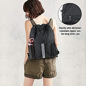 BeeGreen Drawstring Backpack Bag with Shoe Compartment X-Large Black Gym Sports String Cinch Backpack Athletic Sackpack with Front Inside Zipper Pockets