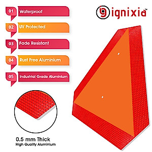 Ignixia Slow Moving Vehicle Sign, Rust free Aluminium Slow Moving Vehicle Triangle signs, 14”x 16” Inches Orange base with Reflective border, SMV Sign for Golf Cart, UTV, safety signs