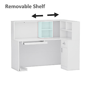 Hitow Modern Reception Desk Counter Table, L-Shap Reception Room Front Desk with Lockable Drawer & Open Shelves, Retail Counter for Salon Checkout Office, White (55.9" W x 32.3" D x 48.4" H)