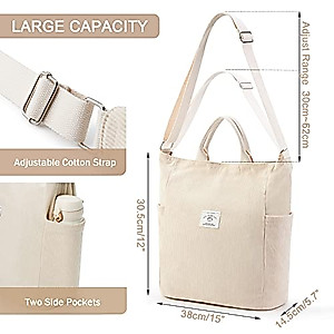 KALIDI Corduroy Tote Bag, Large Zipper Messenger Bag Shoulder Hobo Crossbody Bag Casual Work Colledge Shopping Women Beige