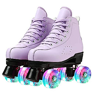 Risup Roller Skates for Women and Men Cowhide High Top Shoes Classic Double Row Roller Skates Four Wheel Roller Skates for Men Girls Unisex Purple Flash,35 US 5