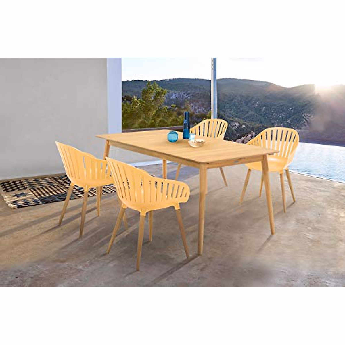 Armen Living Nassau Outdoor Patio Arm Dining Chairs, 17" Seat Height, Set of 2, Eucalyptus and Honey Yellow