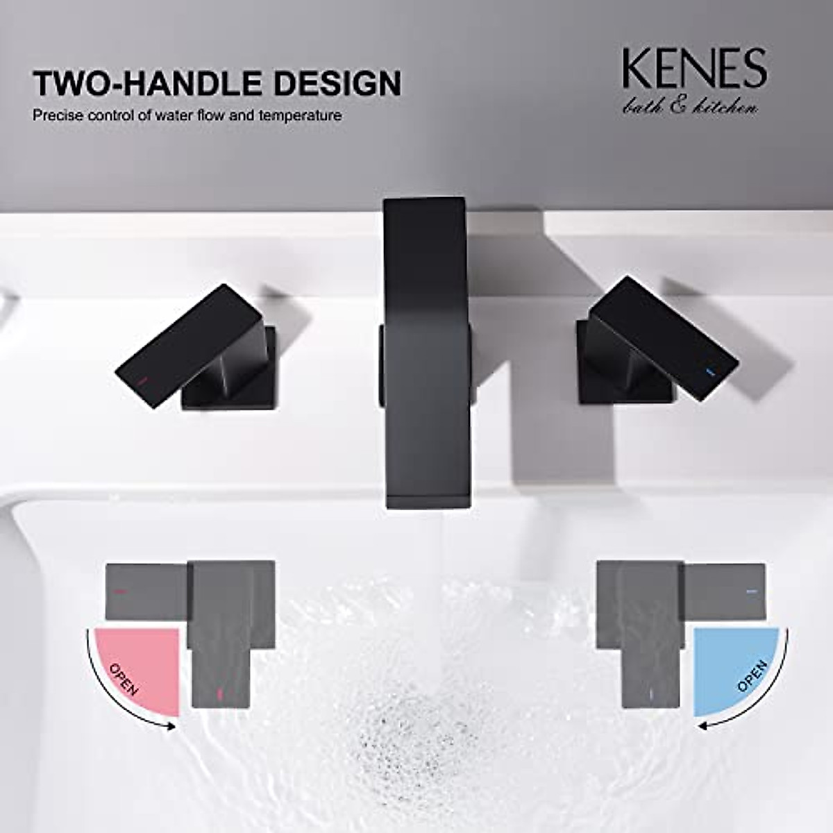 KENES Black Widespread Bathroom Faucet Matte Black 3 Hole Bathroom Sink Faucet 8-Inch, 2 Handle Bathroom Faucet Vanity Faucet with Lead-Free Supply Hose, KE-9050-2