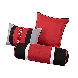 Chezmoi Collection 7-Piece Quilted Patchwork Comforter Set, Red/Gray/Black, Queen