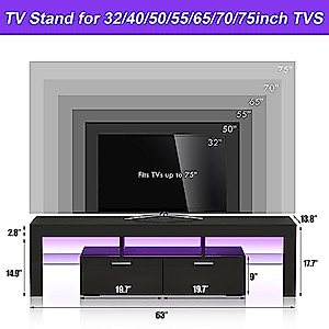 DMIDYLL Black TV Stand with LED Lights for TVs up to 65'', Modern TV Console with Storage Cabinets for Living Room, Bedroom, LED Entertainment Center