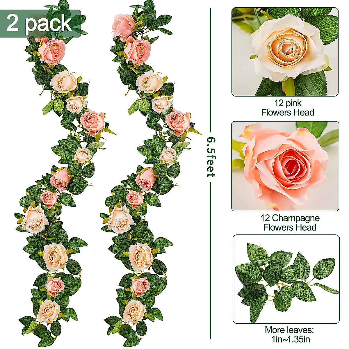 MYT Artificial Fake Rose Flowers Garland Hanging Flowers Vine 2 Pcs for Wedding Arch Flowers、Home Party、 Garden Craft Art Decor(Pink and Champagne)