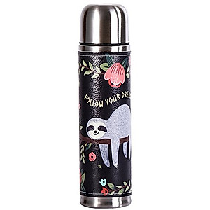 ZZKKO Sloth Follow Your Dreams Stainless Steel Water Bottle Leak Proof Vacuum Insulated Thermos Flask 17 Oz Genuine Leather Wrapped Cover