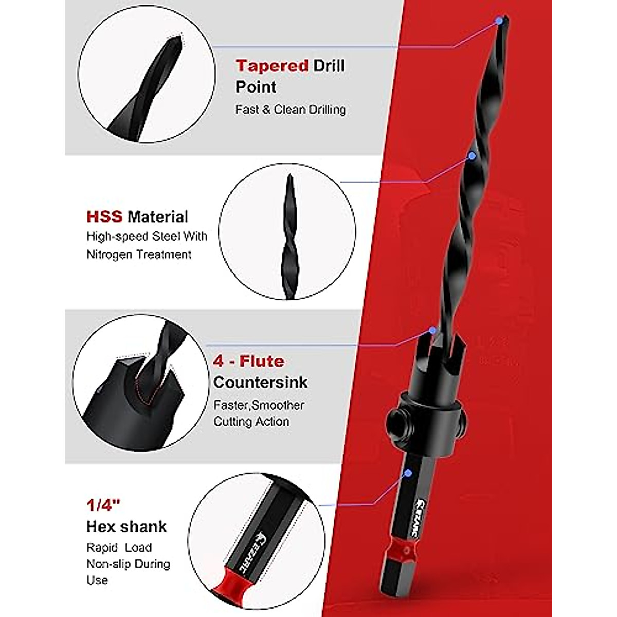 EZARC Countersink Drill Bit Set, 3 PCS Tapered Drill Bits Counter Sinker Set, 1/4" Hex Shank Quick Change for Woodworking, Pilot Screw Hole Set
