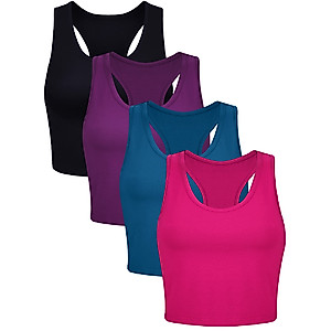 Geyoga 4 Pieces Women Basic Tank Top Cotton Racerback Sleeveless Athletic Crop Cotton Top (Bright Color, Small)