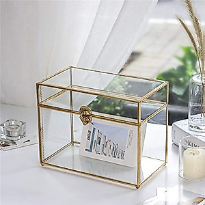 NCYP Gold Glass Card Box with Lid for Wedding Reception (9.9x5.6x7.7 Inches) Handmade Rectangle Decorative Storage Box for Party Wishwell Keepsake, Vintage Terrarium (Glass Box Only) (No Slot)