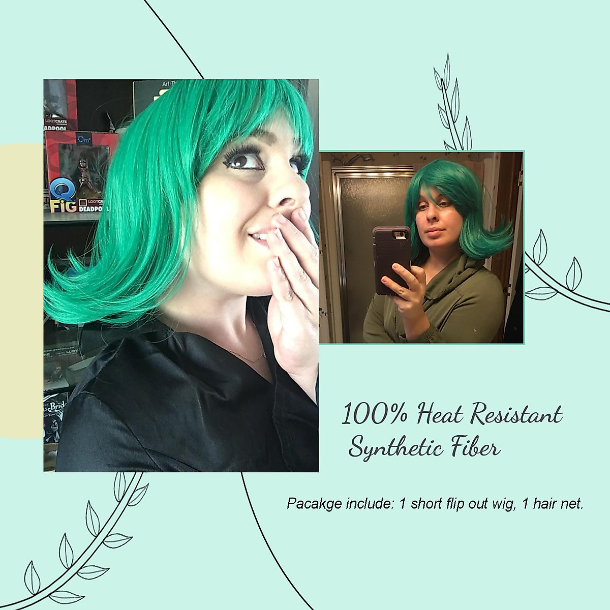 MORTICIA Short Straight Fillp out Green Bob holiday and vacations Costume Cosplay Wig with Purple Scarf