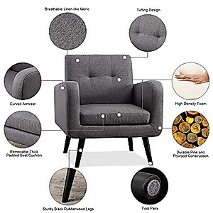 Accent Chairs for Living Room, Living Room Chairs, Mid Century Modern Fabric Chairs, Arm Chairs, Dark Gray, Set of 1