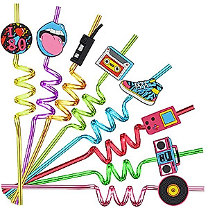 24pcs 80s Party Decorations Retro Straws Hip Hop Themed 80s Music Party Favor Swirl Straws 80s Radio Speaker Phone Tape Straw Decorations Kids Adult 80s Party Favors, 8 Color Styles