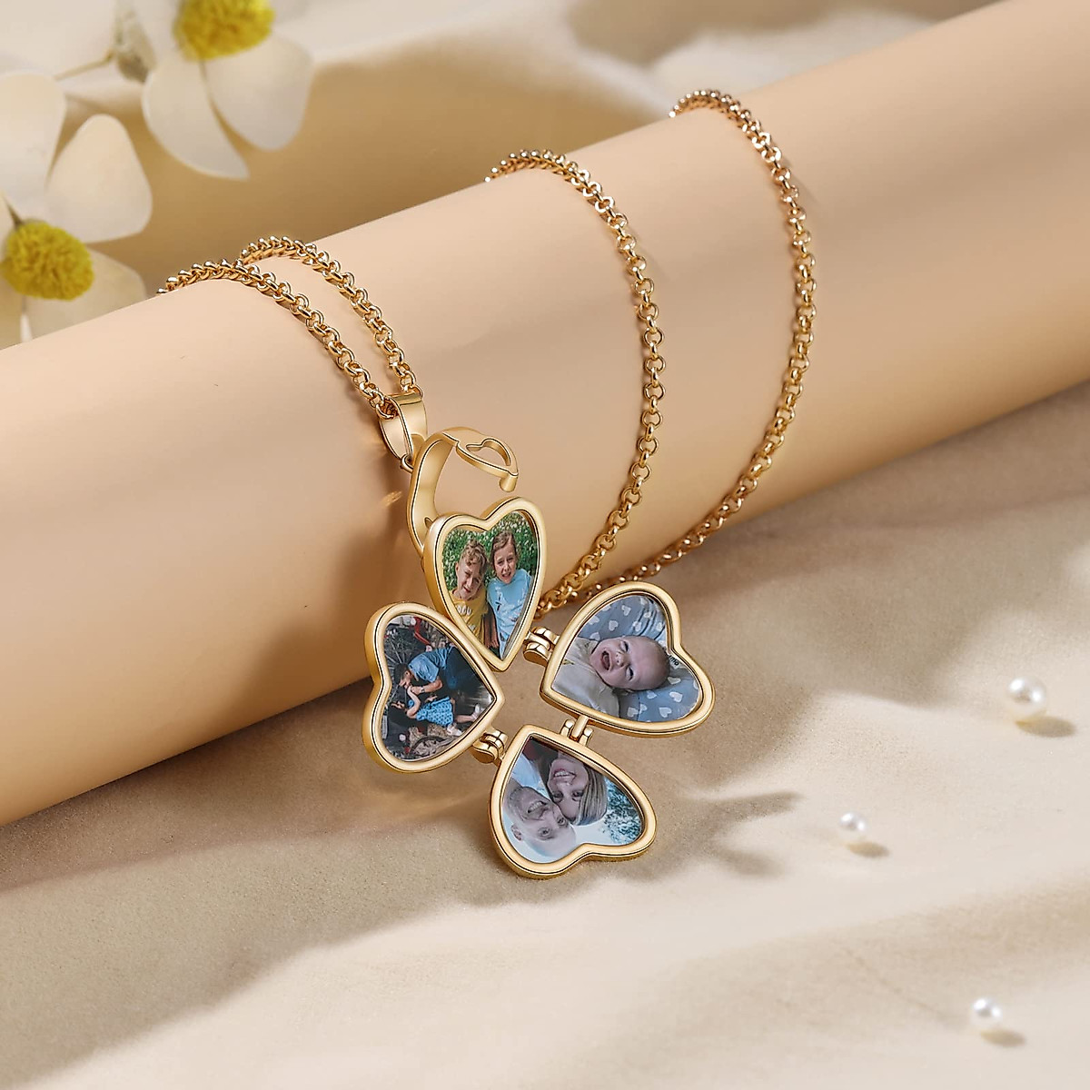 Nobelook Personalized Love Heart Locket Necklace That Holds 4 Photos Customizable Pendant Charms For Women Gold Plated Vintage Necklace for Mother Christmas Birthday Gift Chain Length 31.49" Adjustable (Gold - 4 photos)