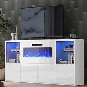 AMERLIFE 68" Fireplace TV Stand with 40" Fireplace, Modern High Gloss Fireplace Entertainment Center with LED Lights for TVs up to 78", TV Console with Glass Shelves for Living Room, White